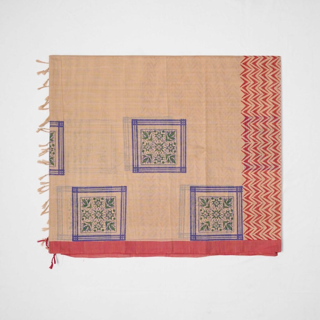 Hand Block Print Cotton Handloom Saree – Square Flower – Nurpu